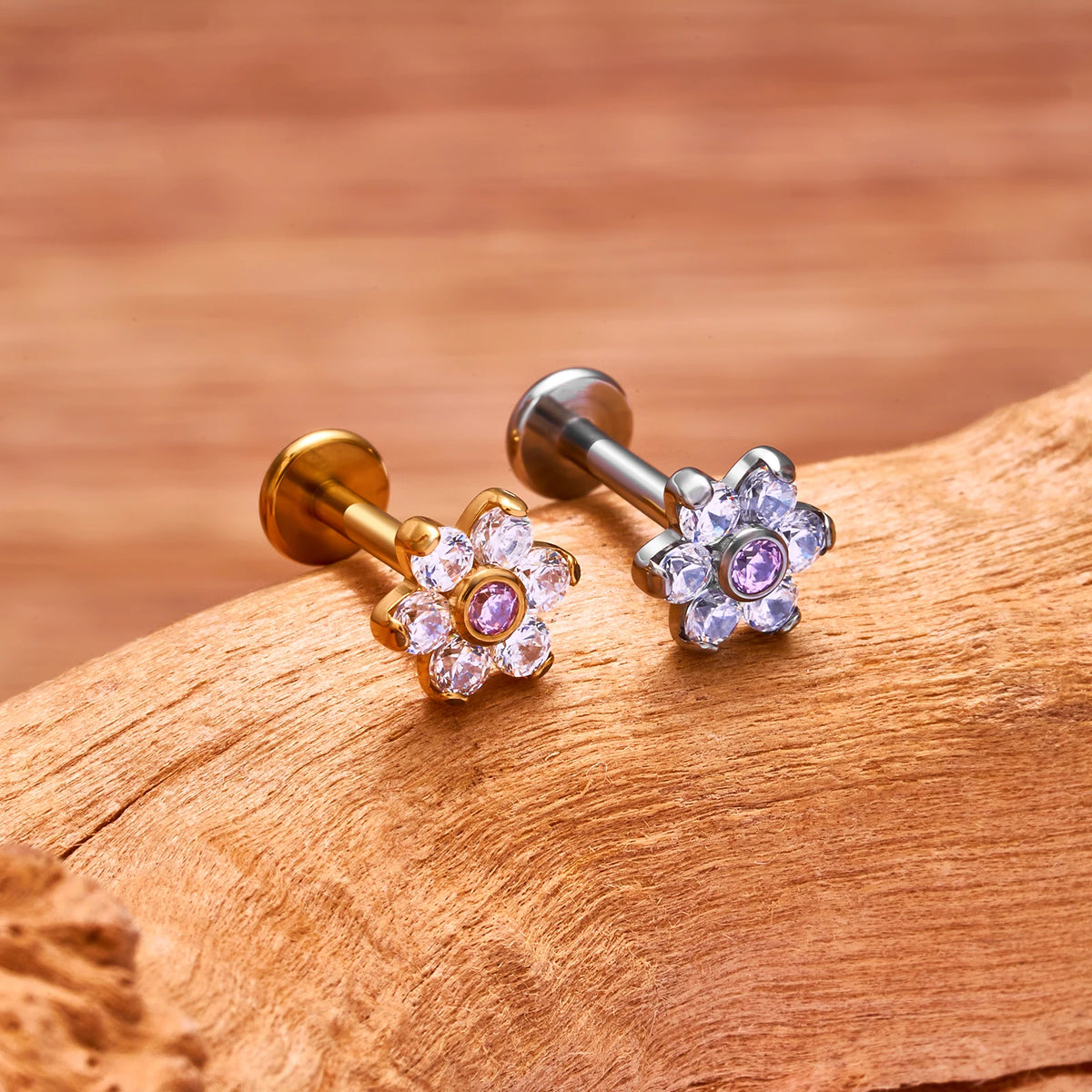 Flat cartilage piercing in a flower shape with colorful cz titanium la ...