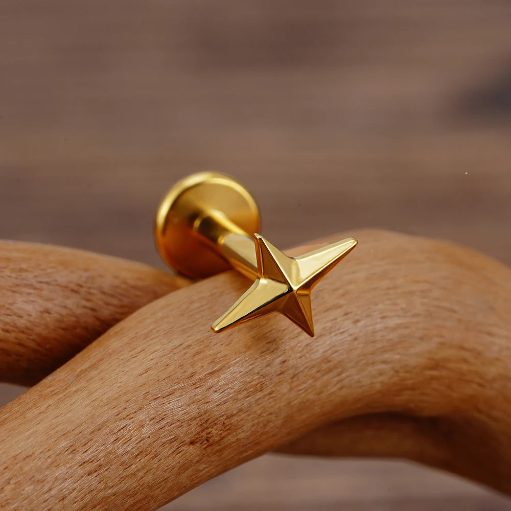 Four-pointed star piercing labret stud titanium 16G ear stud nose pier ...