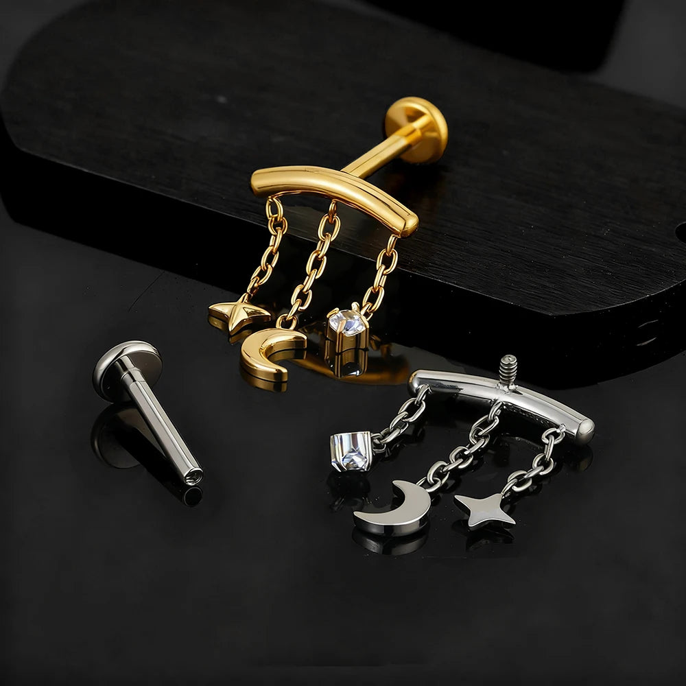 Hidden helix piercing stud in gold and silver with the Moon a star and ...