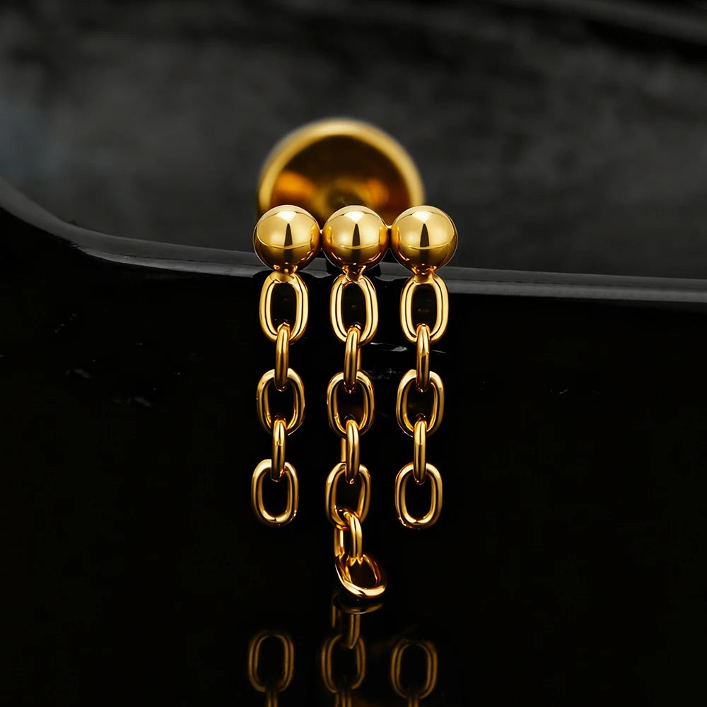 Gold Hidden Helix ear piercing with three chains and beads – Ashley ...