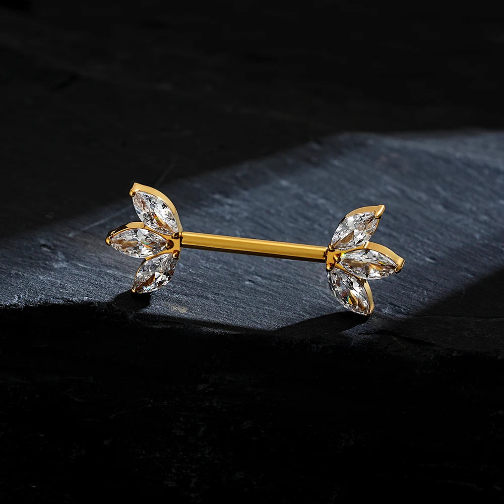 Gold nipple piercing with three clear diamond cz stones on each side t ...