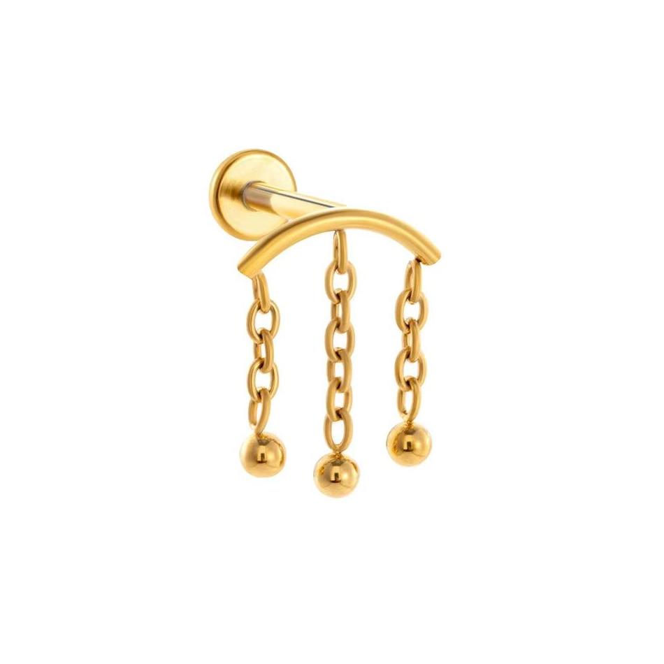 Floating helix chain earring with three chains and beads a curved bar ...