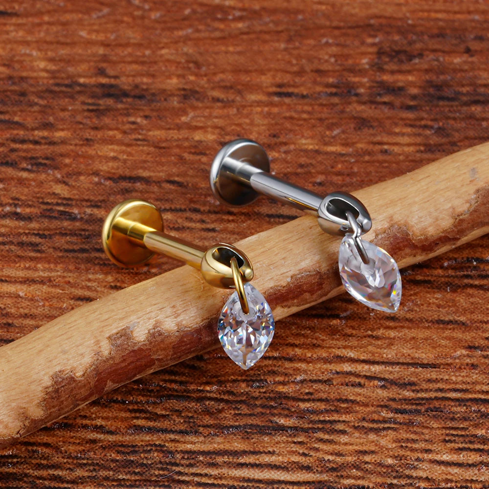 Dangle helix piercing with clear CZ titanium drop earring 16G conch pi ...