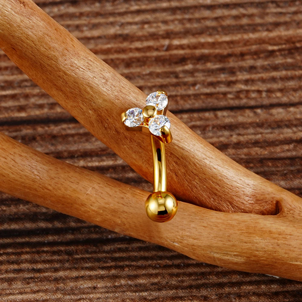 Clear curved barbell with three clear cz stones titanium banana barbel ...