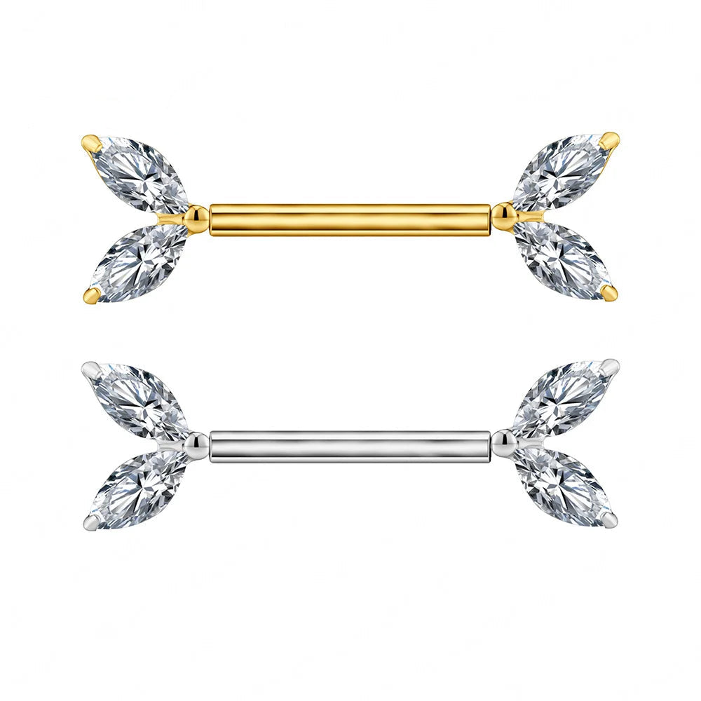 Pretty nipple bar with two marquise clear diamond cz stones on each si ...