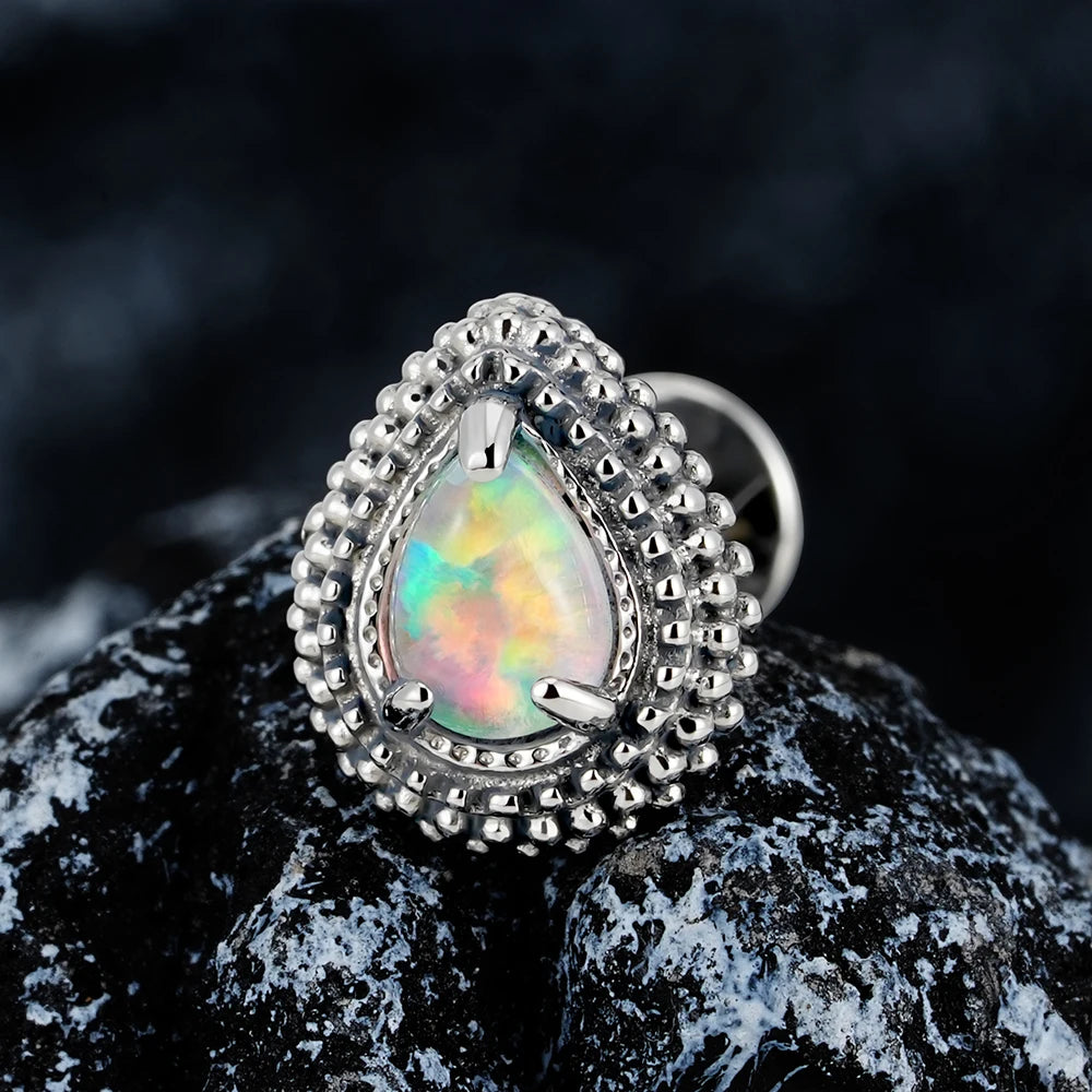 Cute Flat piercing with teardrop opal titanium labret stud 16G vintage ...