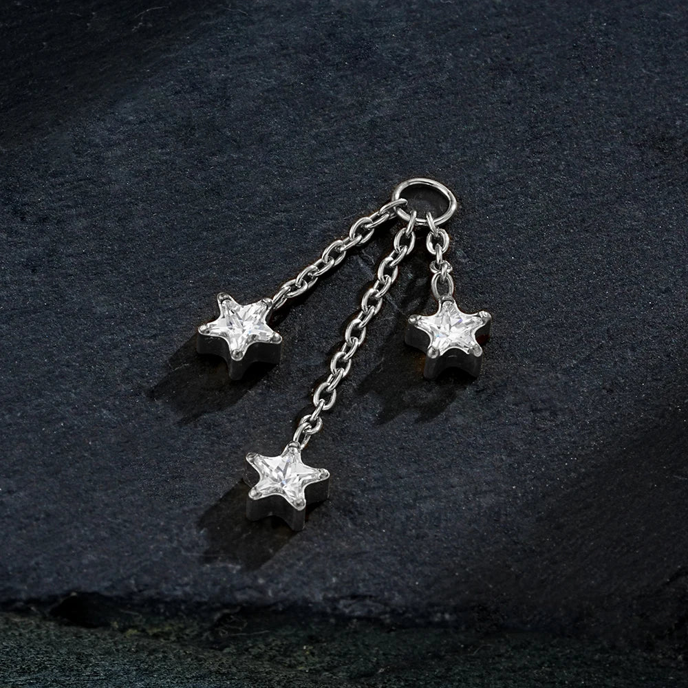 Star charm for piercings with three chains and clear cubic zirconia st ...