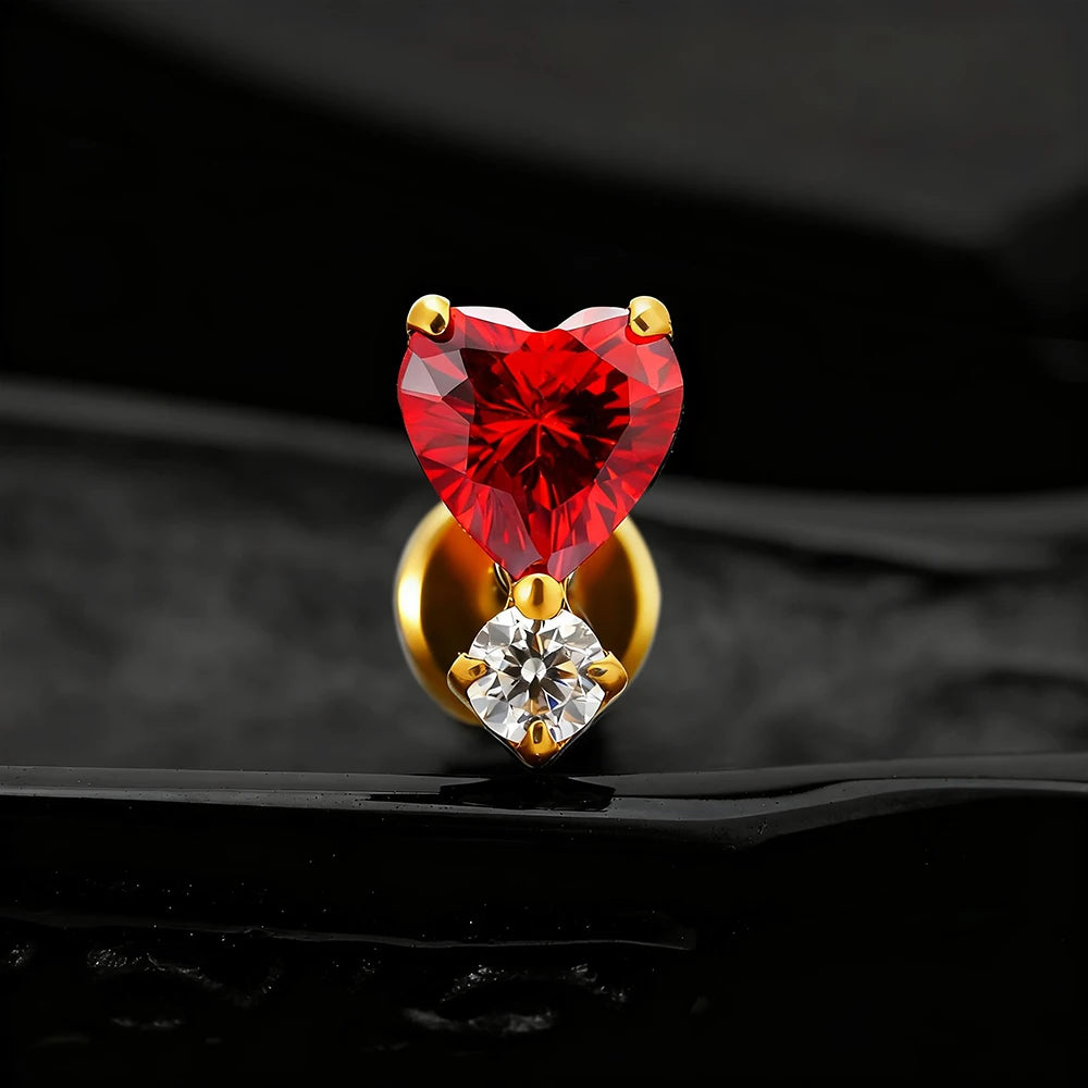 Red heart stud earring with a round clear stone heart ear piercing ...