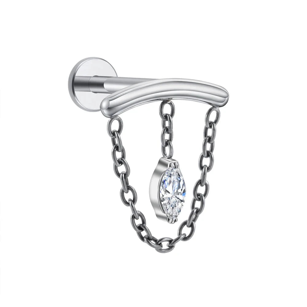 Floating helix piercing stud silver with chains and a clear CZ stone t ...