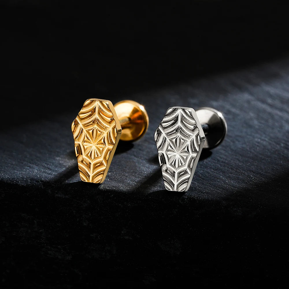 Coffin piercing titanium labret stud with a carved spiderweb Halloween ...