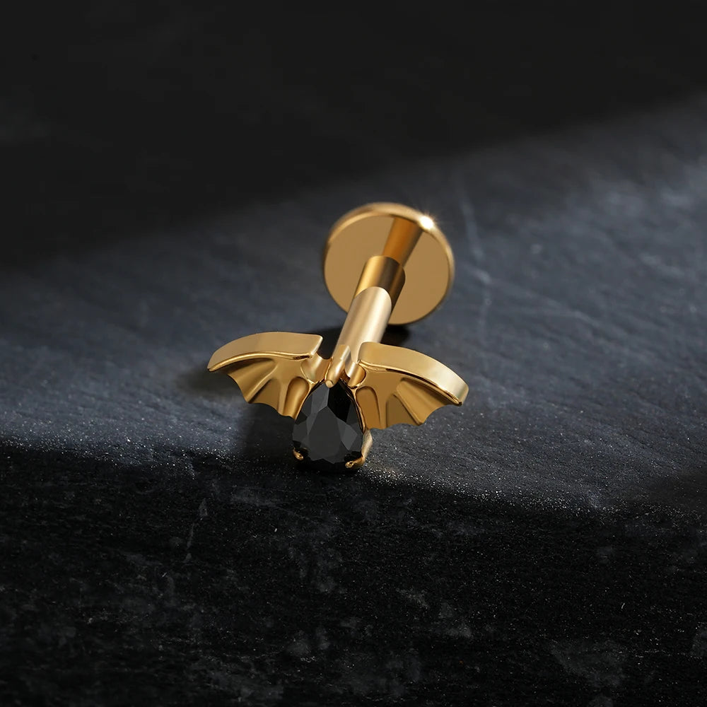 Bat helix piercing with a black stone flying bat labret titanium vampi ...