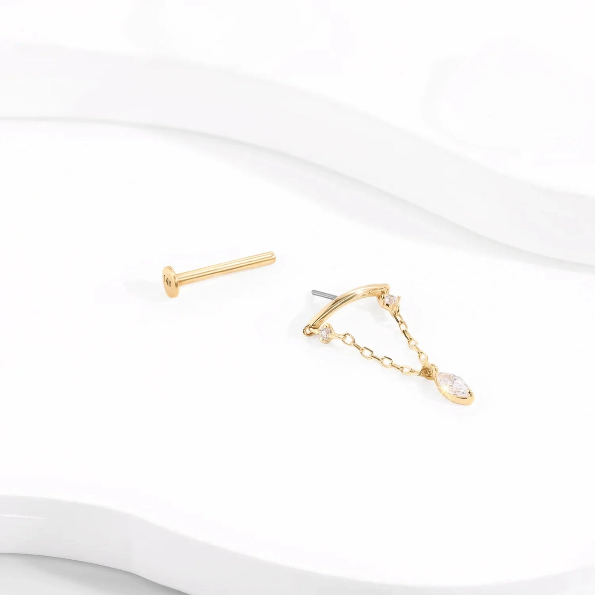 14K gold Floating Helix earring with a chain and clear cz stones earri ...