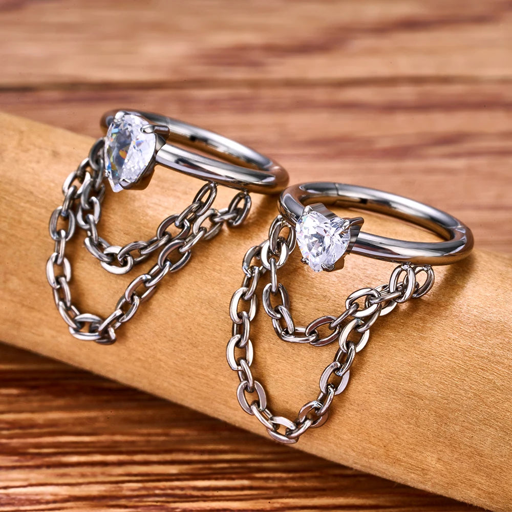 Conch hoop with chains and a heart CZ stone titanium chain conch earri ...