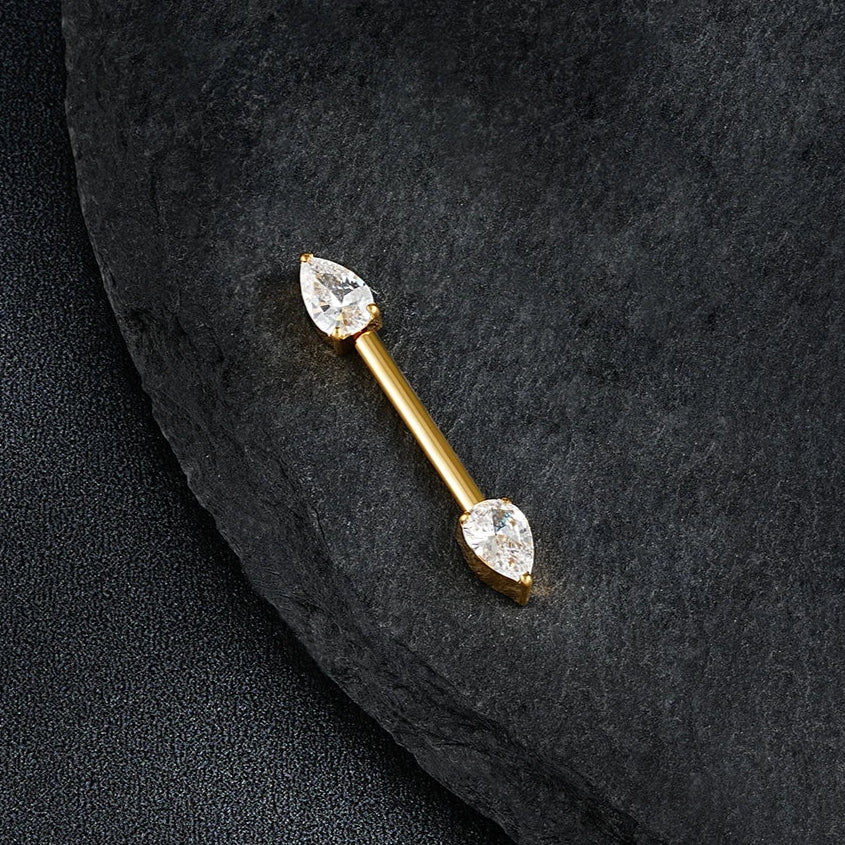 Small nipple bar with two teardrop clear diamond cz stones titanium na ...
