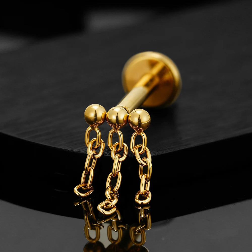 Gold Hidden Helix ear piercing with three chains and beads – Ashley ...