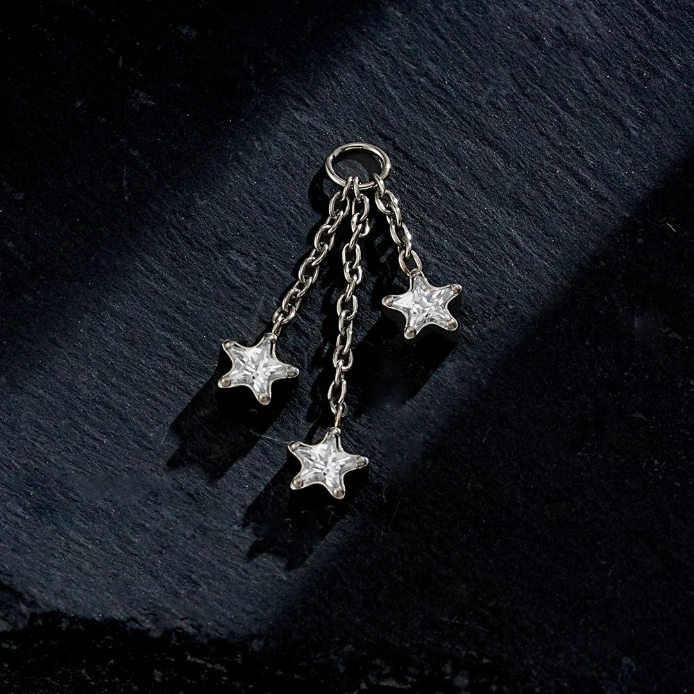 Star charm for piercings with three chains and clear cubic zirconia st ...
