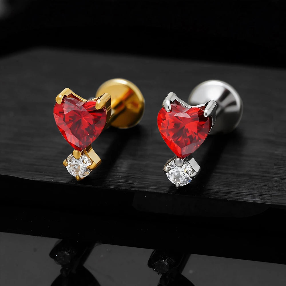 Red heart stud earring with a round clear stone heart ear piercing ...