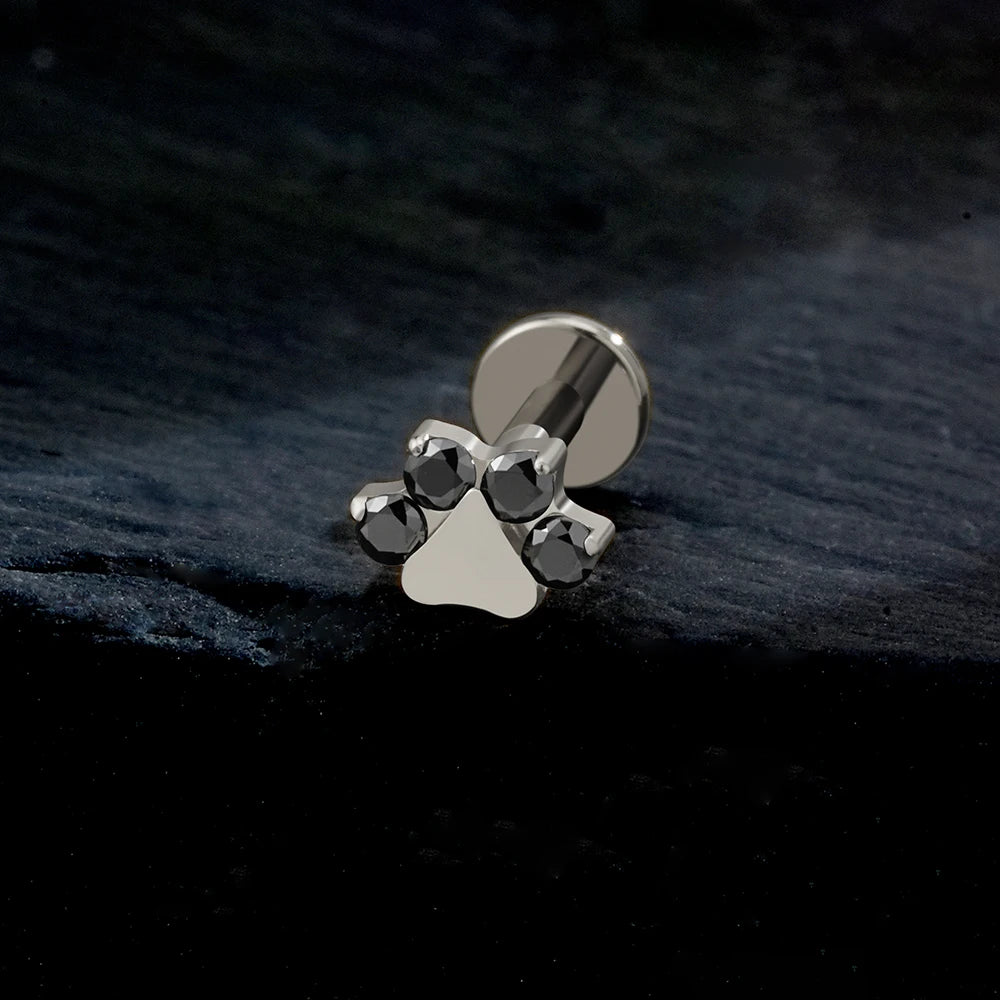 Cat paw piercing with black diamond cz stones titanium ear stud nose s ...