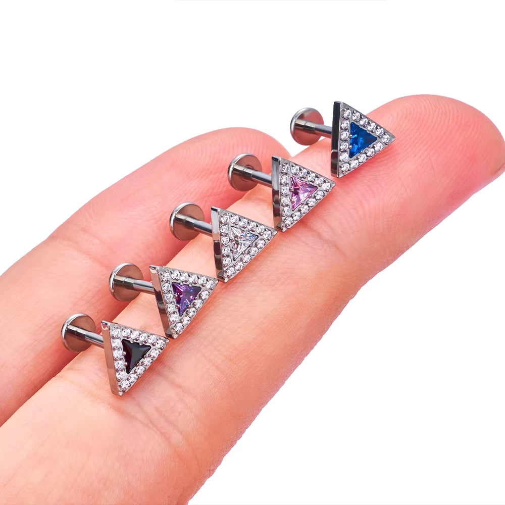 Triangle ear piercing with clear red green purple stones titanium nose ...