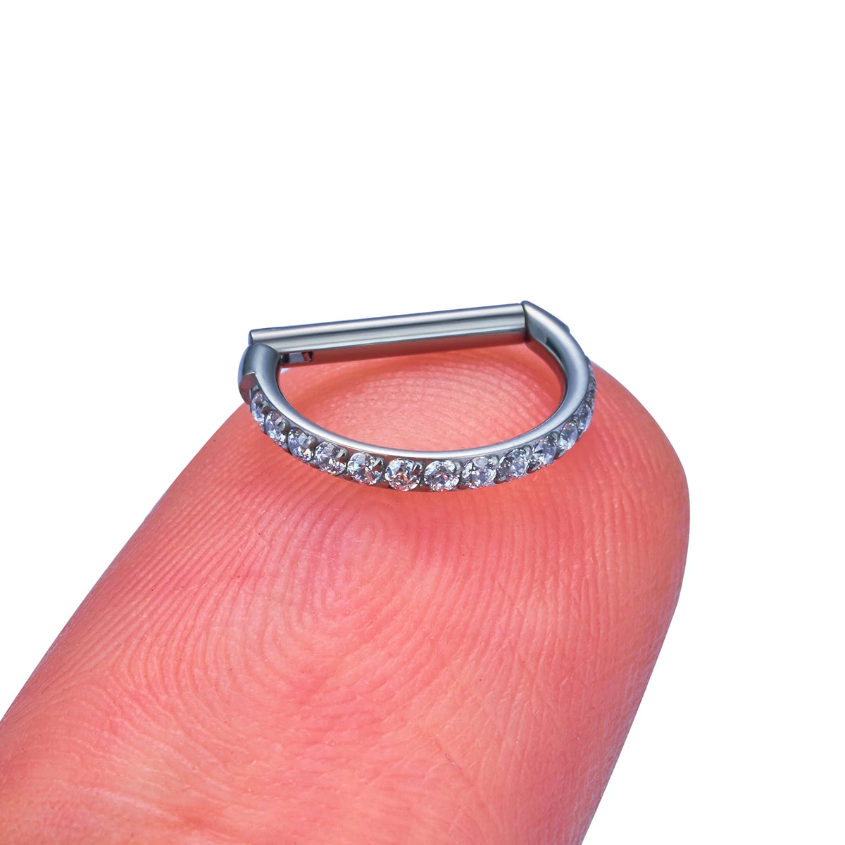 D-shape piercing ring with a full layer of clear cz stones titanium 16 ...