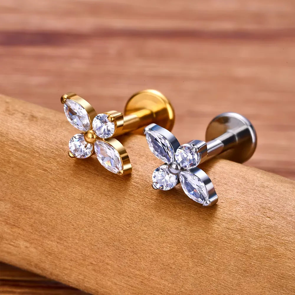 Titanium flat back stud with CZ stones gold silver 16G stud earring no ...