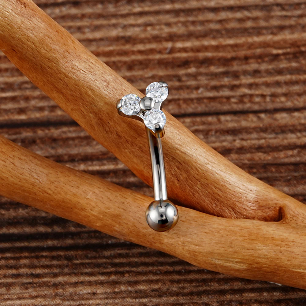 Clear curved barbell with three clear cz stones titanium banana barbel ...